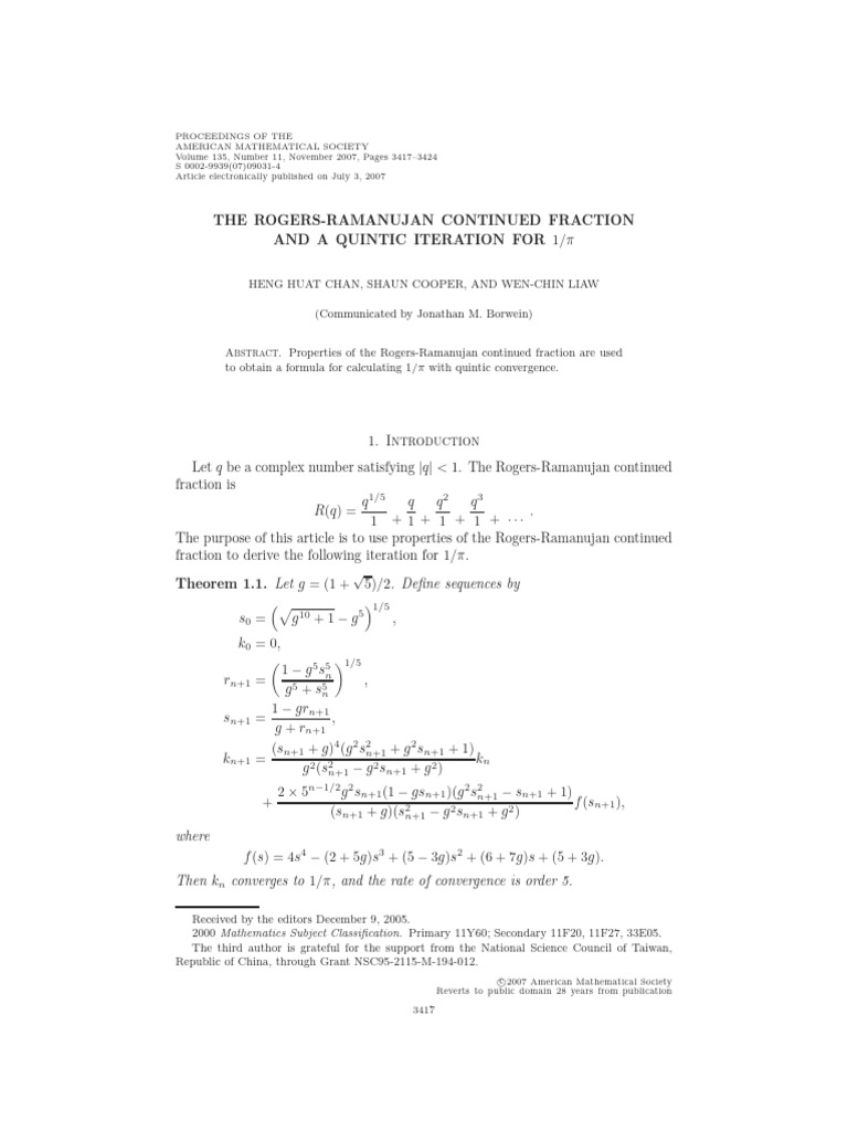 Rogers-Ramanujan Fraction for 1/π | PDF | Pi | Square Root