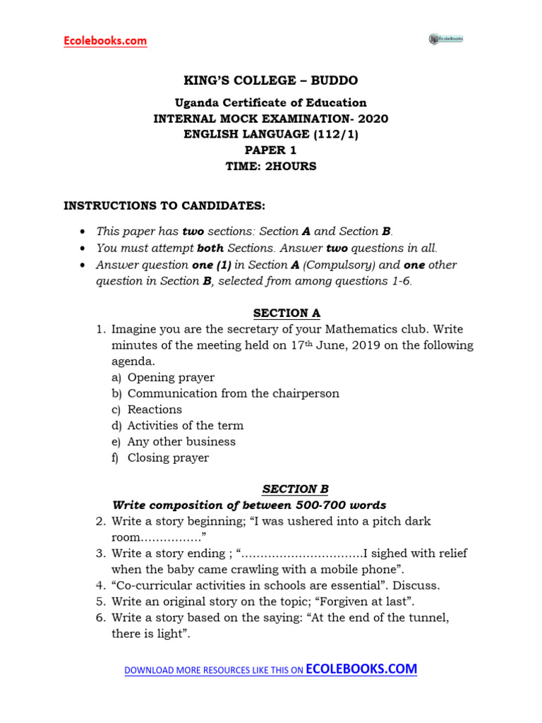 2020 English Language Mock Exam Paper | PDF