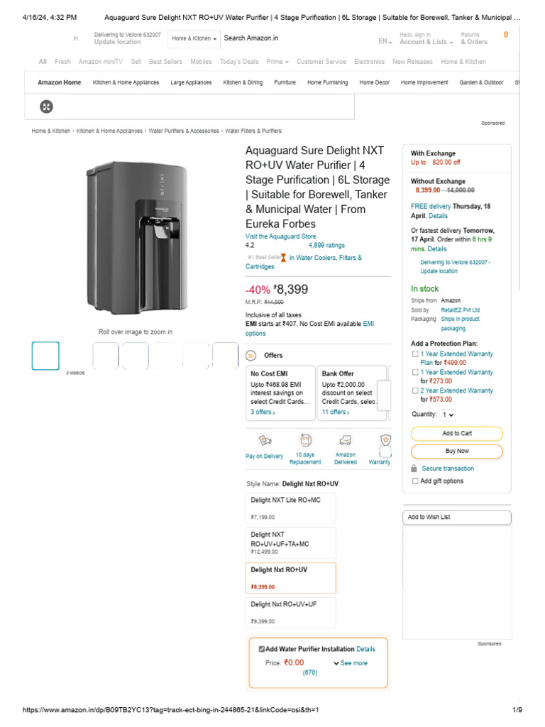 1.aquaguard Sure Delight NXT RO+UV Water Purifier - 4 Stage ...