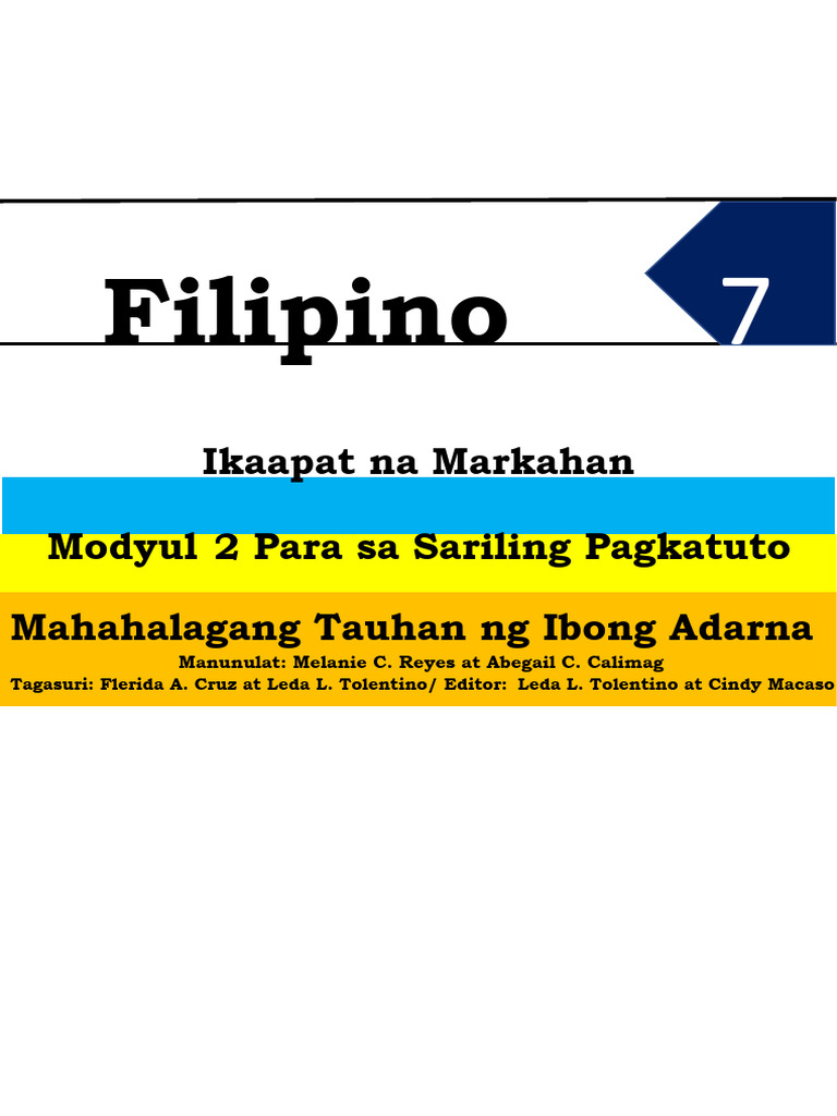 Filipino: Ikaapat Na Markahan Modyul 2 para Sa Sariling Pagkatuto Mahahalagang Tauhan NG Ibong ...