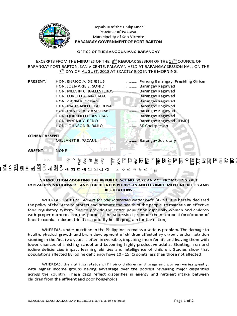 Resolution - Adopting ASIN LAW | PDF | Nutrition | Diet & Nutrition