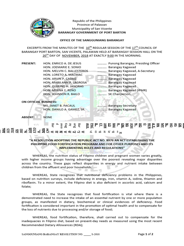 Resolution - Adopting Food Fortification Act | PDF | Nutrients | Diet ...