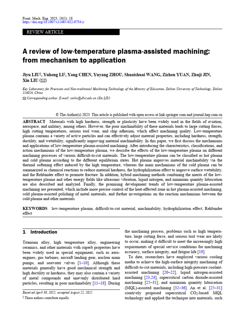 A Review of Low-Temperature Plasma-Assisted Machining: From Mechanism To Application | PDF ...