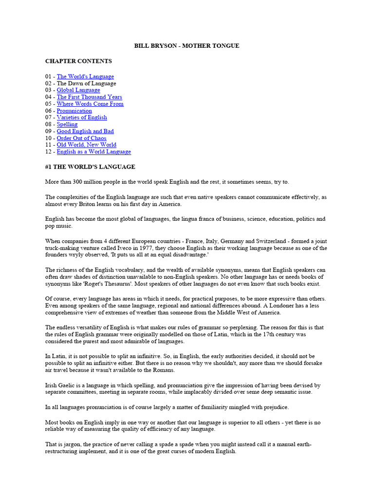 BILL BRYSON Mother Tongue Summary | PDF | English Language | Adjective