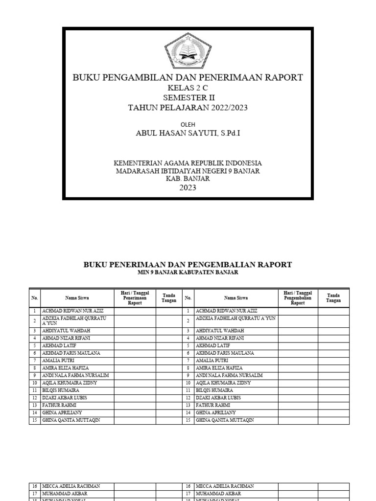 Format Contoh Buku Penerimaan Dan Pengembalian Raport | PDF