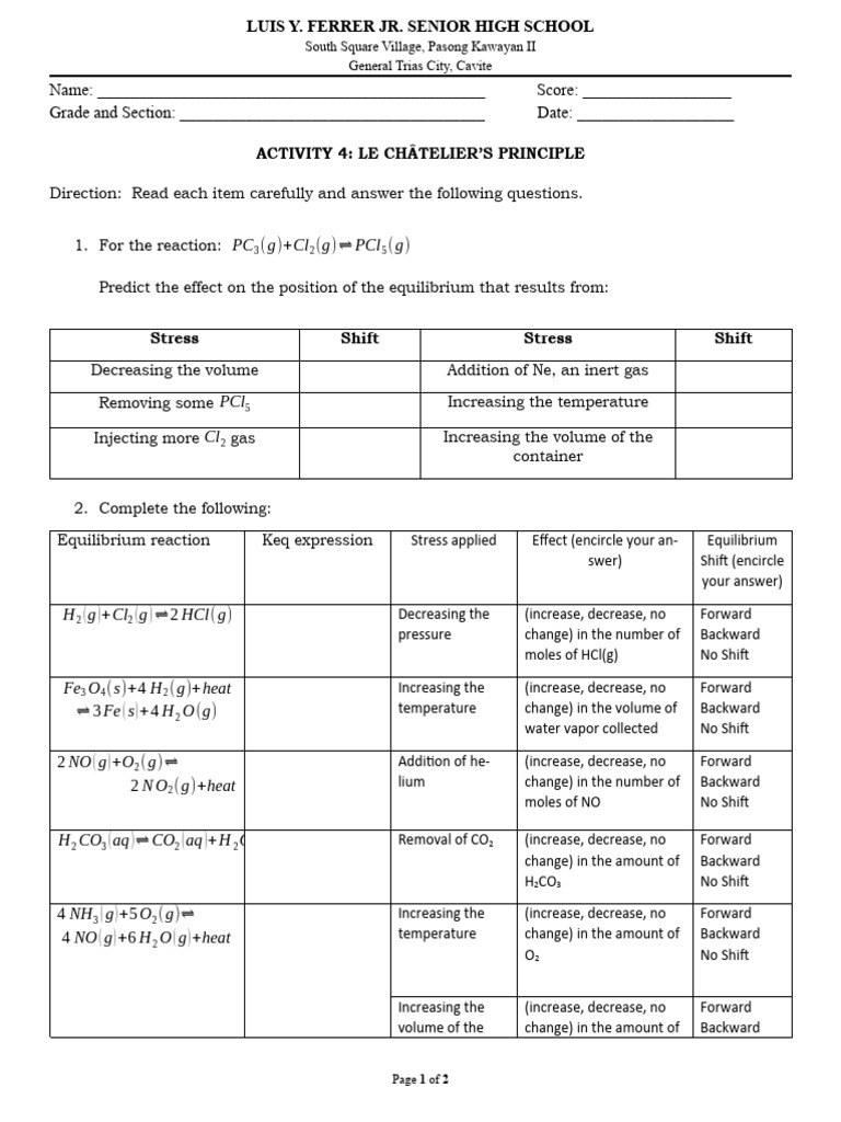 Q4 ACTIVITY 4 Le Châteliers Principle | Download Free PDF | Chemical ...