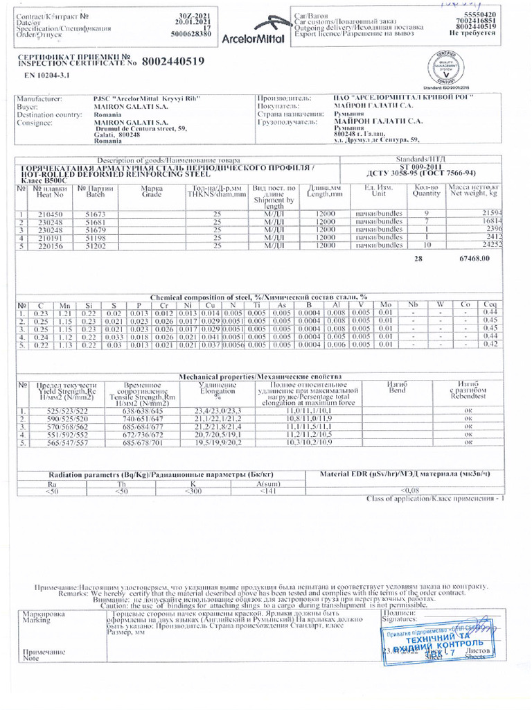 Certificat Inspectie 25arcelor | PDF