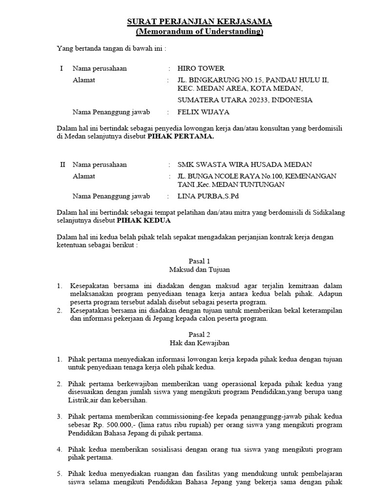 MOU-SMK WIRA HUSADA-HIRO-TOWER | PDF