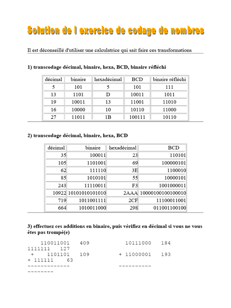 Guide des conversions et opérations binaires | PDF | Décimal codé ...