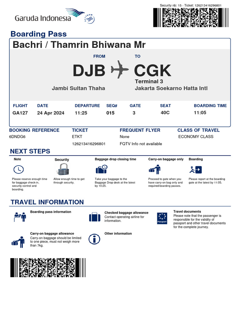 Your Boarding Pass to Palembang - GARUDA INDONESIA | PDF | Baggage ...