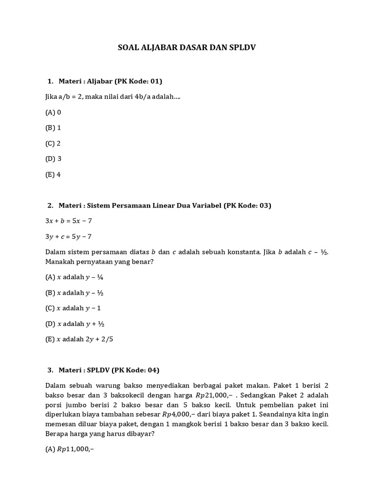 Latihan Soal Aljabar Dasar Dan SPLDV | PDF