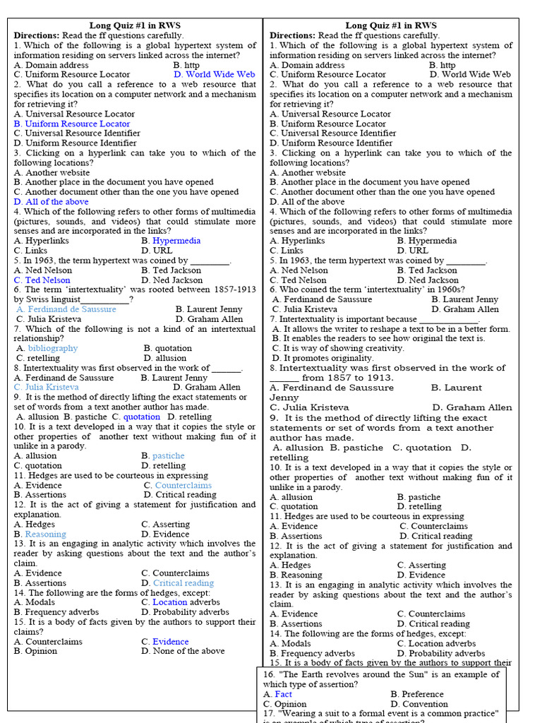 RWS Long Quiz on Hypertext and Intertextuality | PDF | World Wide Web ...