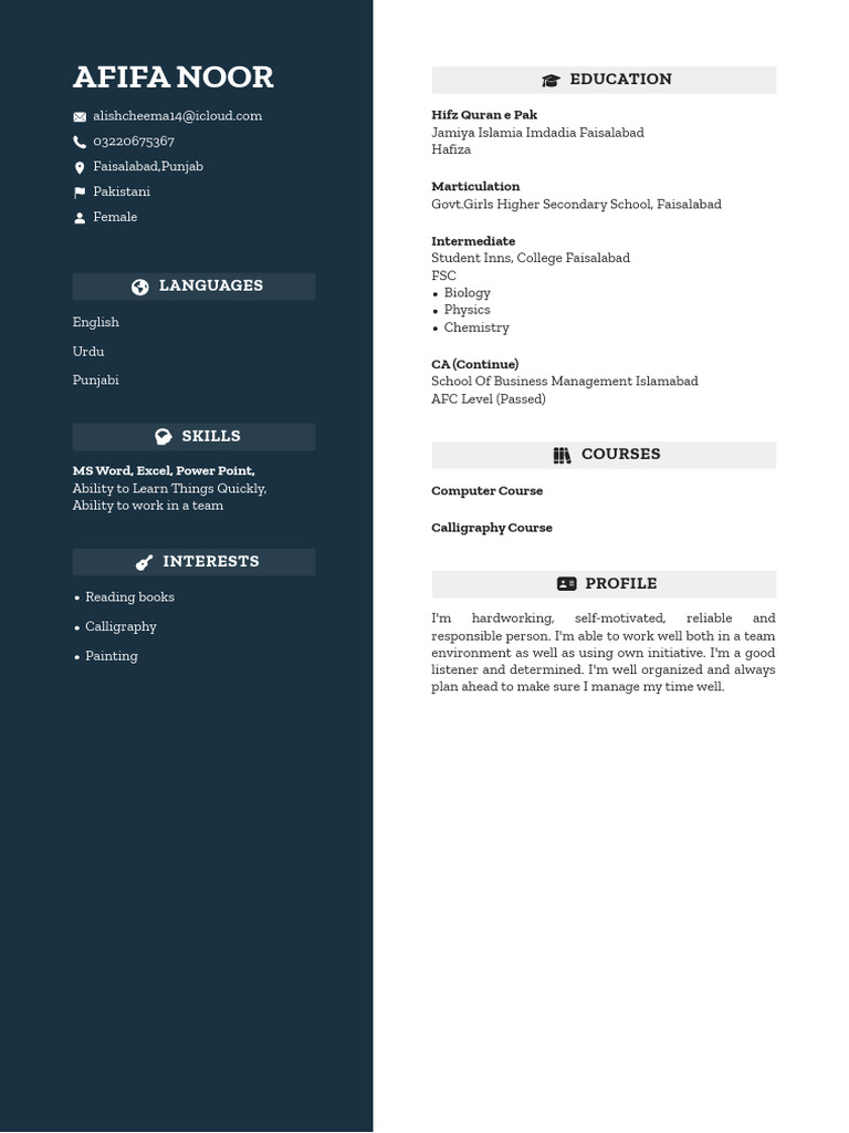 Curriculum Vitae of Afifa Noor | PDF