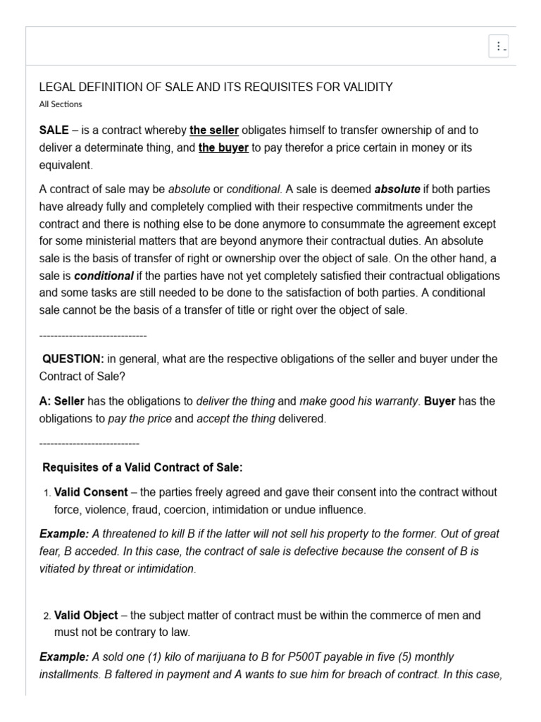 Legal Definition and Requisites of Sale | PDF | Consent | Common Law