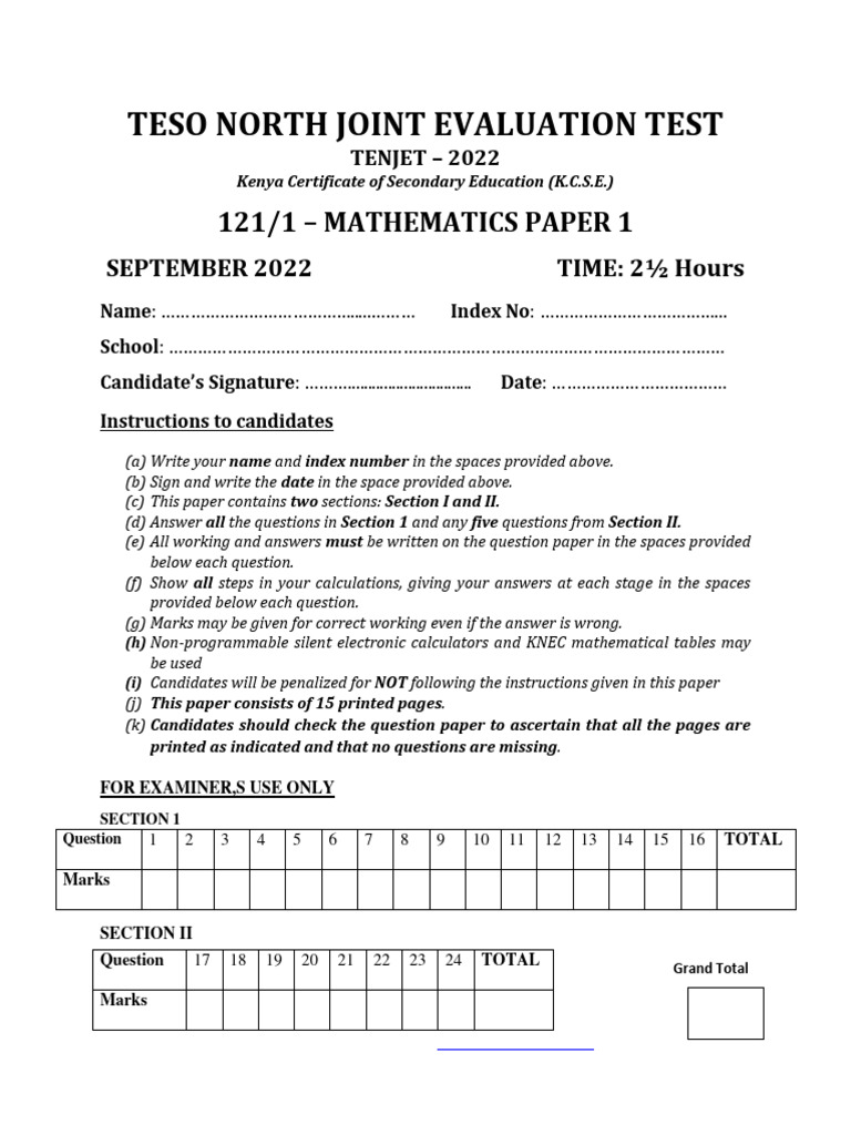MATHEMATICS Paper 1 Exam Questions Tenjet 2022.docx 1 | PDF | Area ...