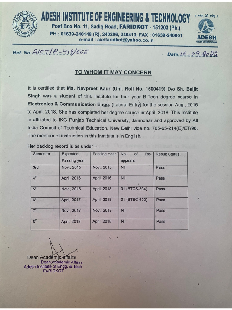 Degree Backlogs and LOR | PDF