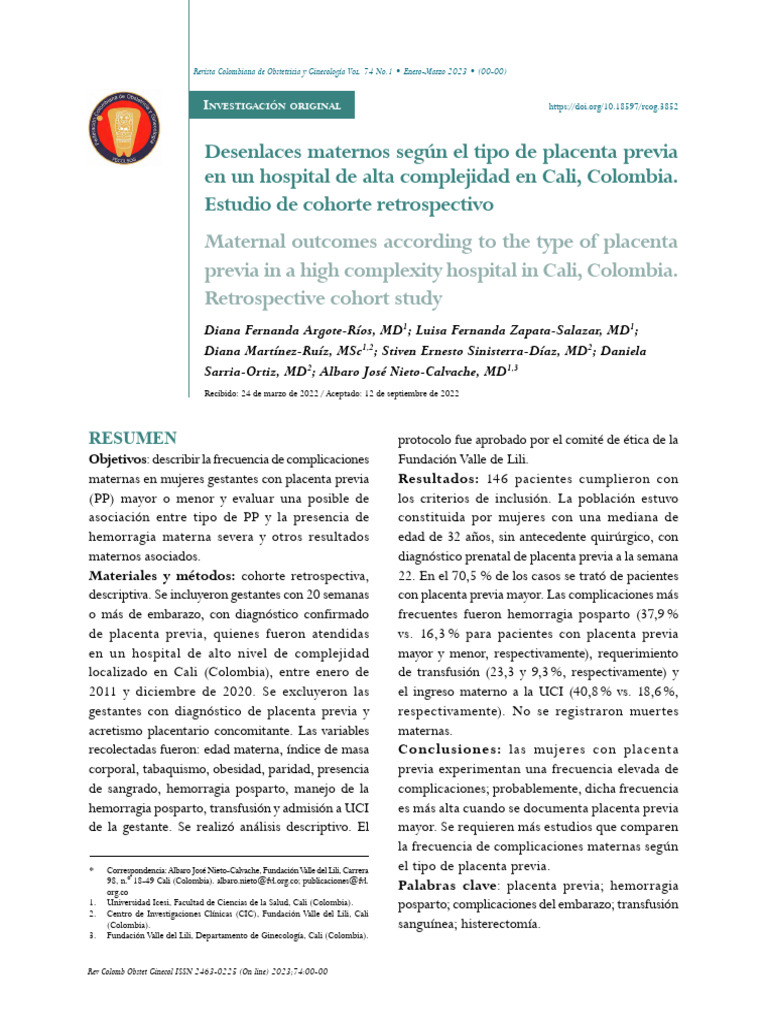 Desenlaces Maternos Segun El Tipo de Placenta Prev | PDF | Medicina ...