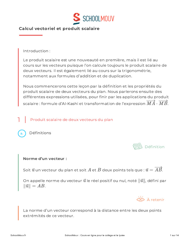 Produit Scalaire : Définitions et Propriétés | PDF | Fonction ...