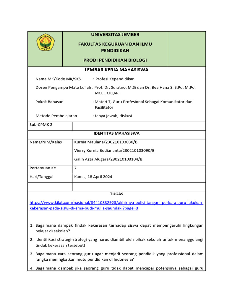 LKM 7_Guru Profesional Sebagai Komunikator dan Fasilitator_Profesi Kependidikan | PDF