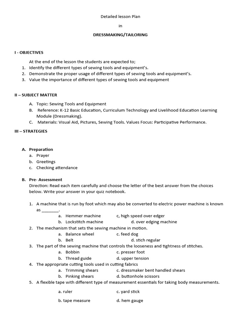 Lesson Plan: Sewing Tools & Equipment | PDF | Sewing Machine | Sewing