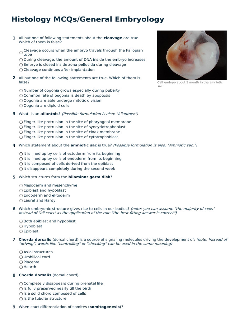 Calf Embryo Development and Histology MCQs | PDF | Fertilisation ...
