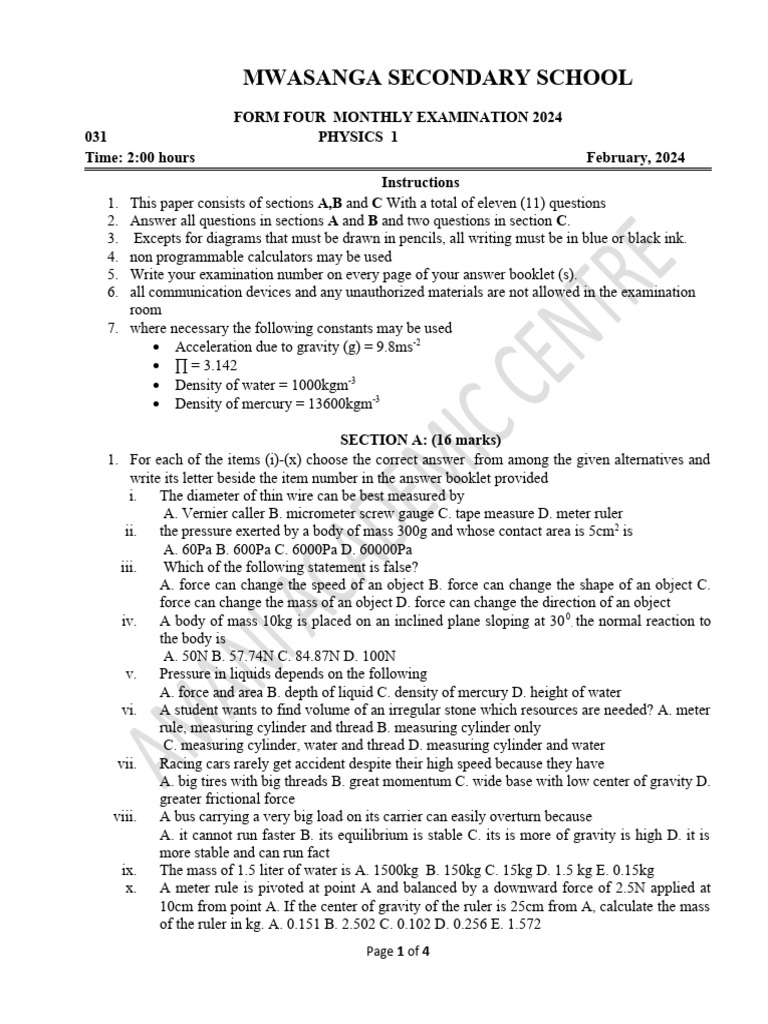 Physics F4 - 2024 | PDF | Waves | Liquids