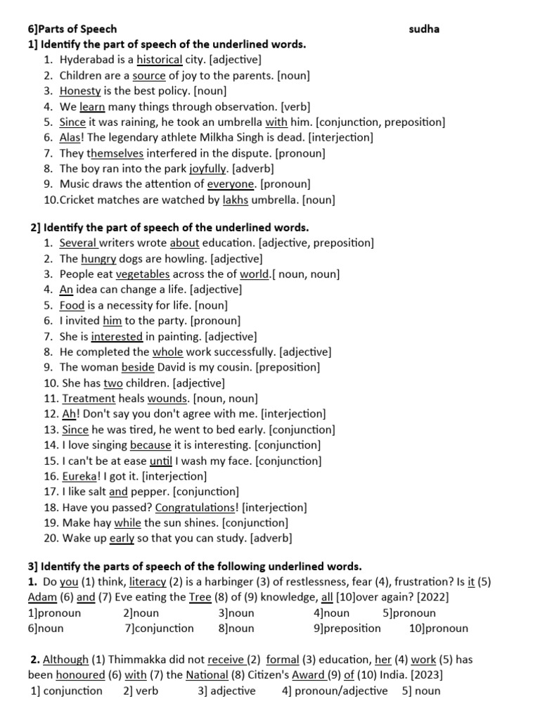 Parts of Speech With Answers | Download Free PDF | Part Of Speech | Verb
