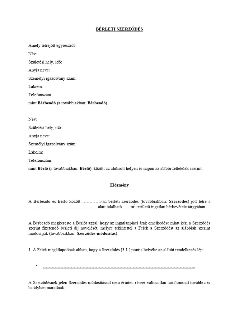 BÉRLETI SZERZŐDÉS MÓDOSÍTÁS Minta | PDF
