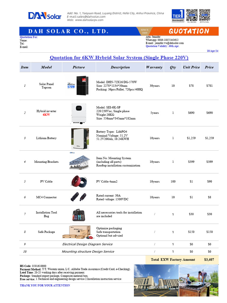 Quotation of DAH 6KW Single Phase Hybrid Solar System | PDF | Solar ...