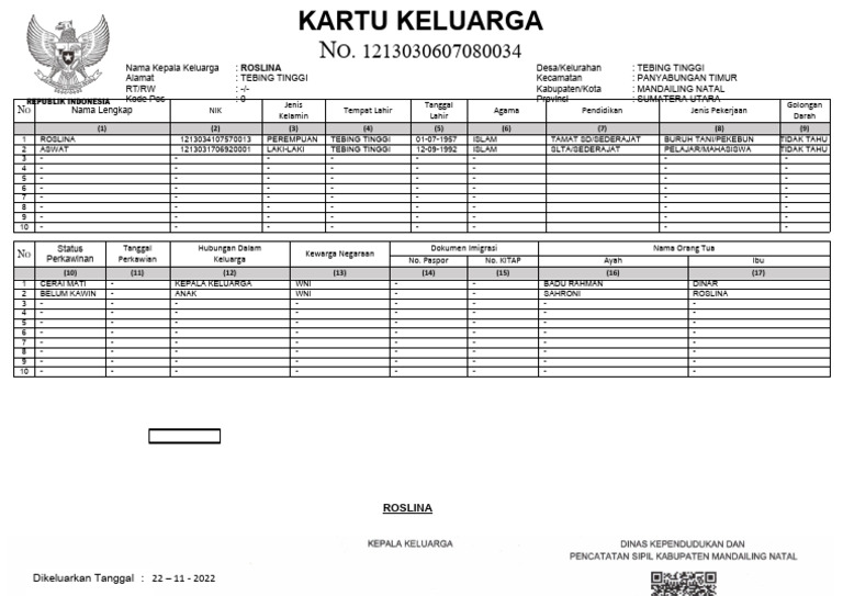 Data Kartu Keluarga Roslina | PDF