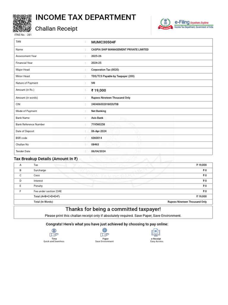 Income Tax Challan Receipt 2024-25 | PDF | Taxes | Taxpayer