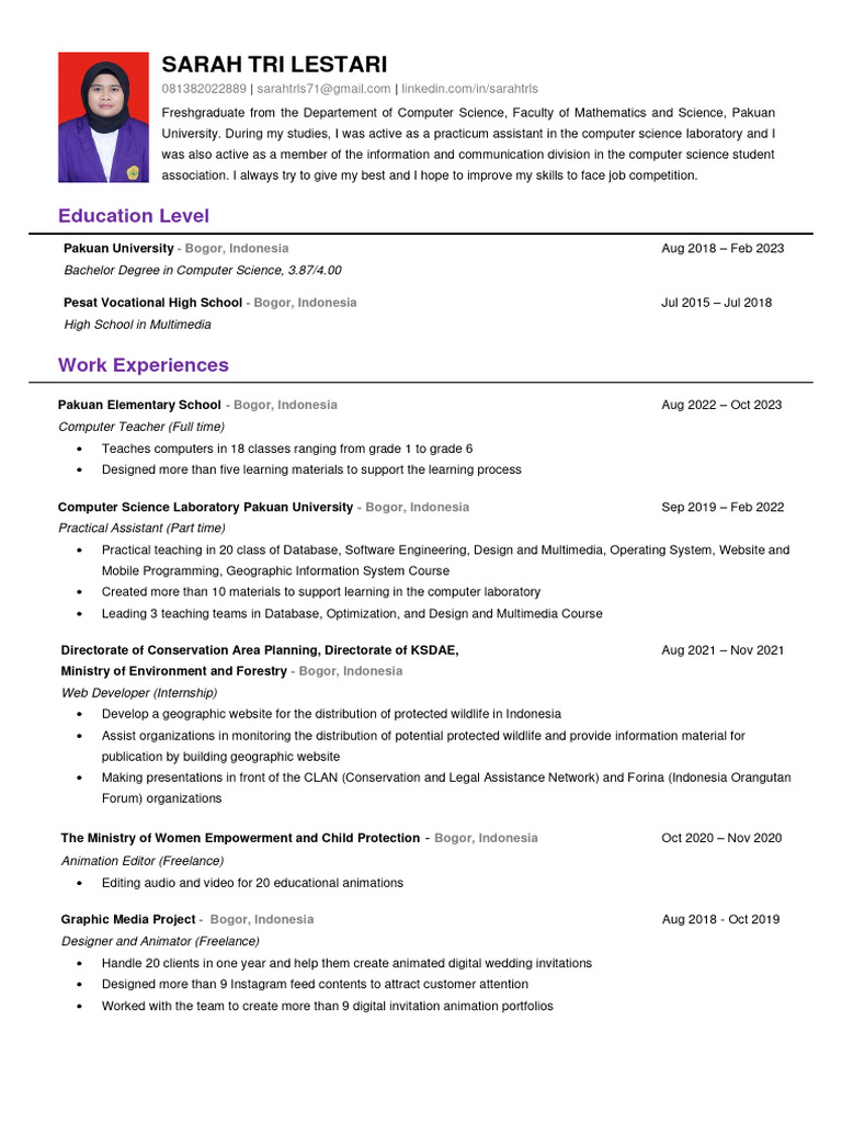 Curiculum Vitae - Sarah Tri Lestari | PDF | Computer Science | Multimedia