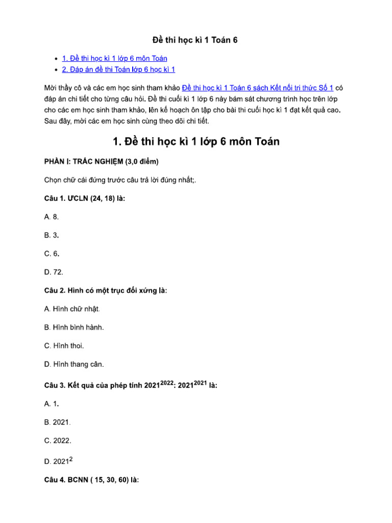 De Thi HK 1 Toan 6 KNTT de 1 | PDF