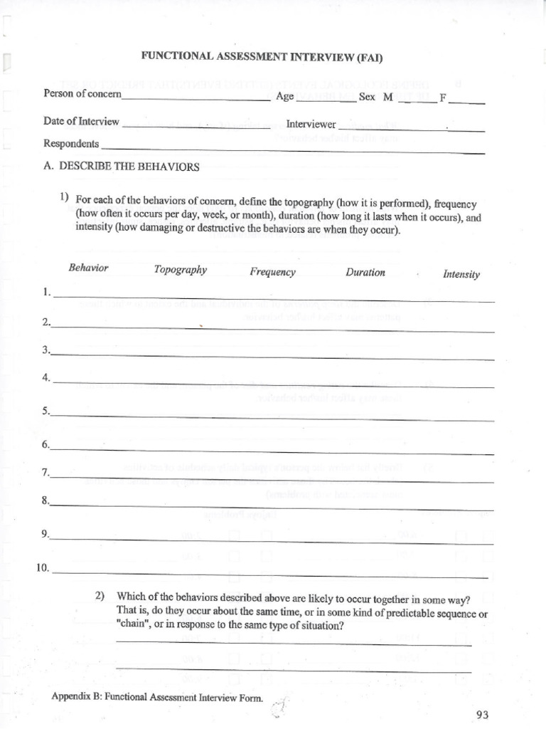 Functional Assessment Interview FAI 93 103 | PDF