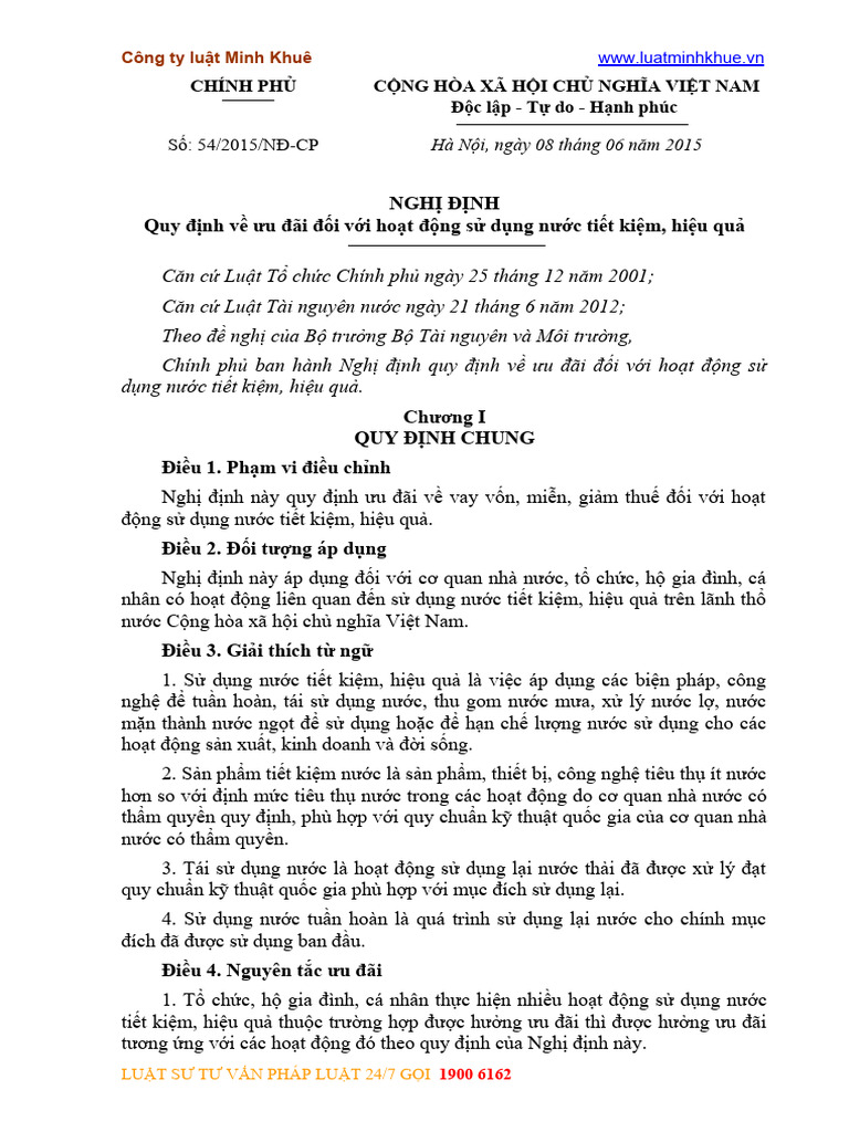 Nghi Dinh 54 2015 ND CP Cua Chinh Phu Quy Dinh Ve Uu Dai Doi Voi Hoat Dong Su Dung Nuoc Tiet ...