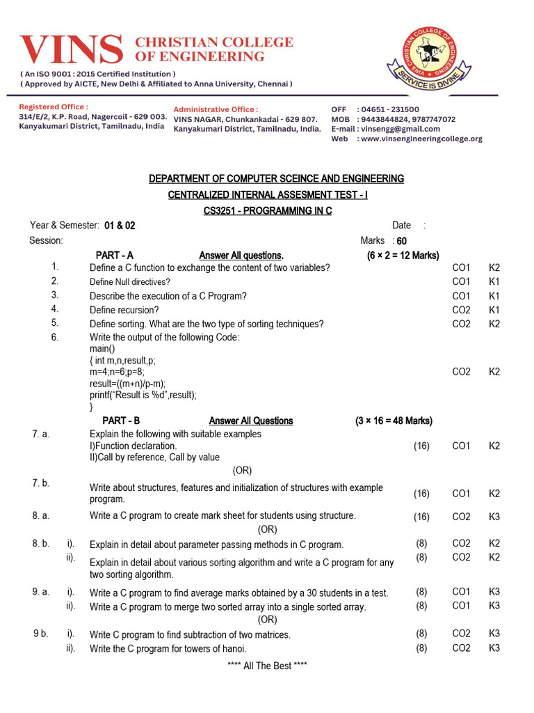 CS3251 CP QP Cit 1 | PDF | Matrix (Mathematics) | Mathematical Logic