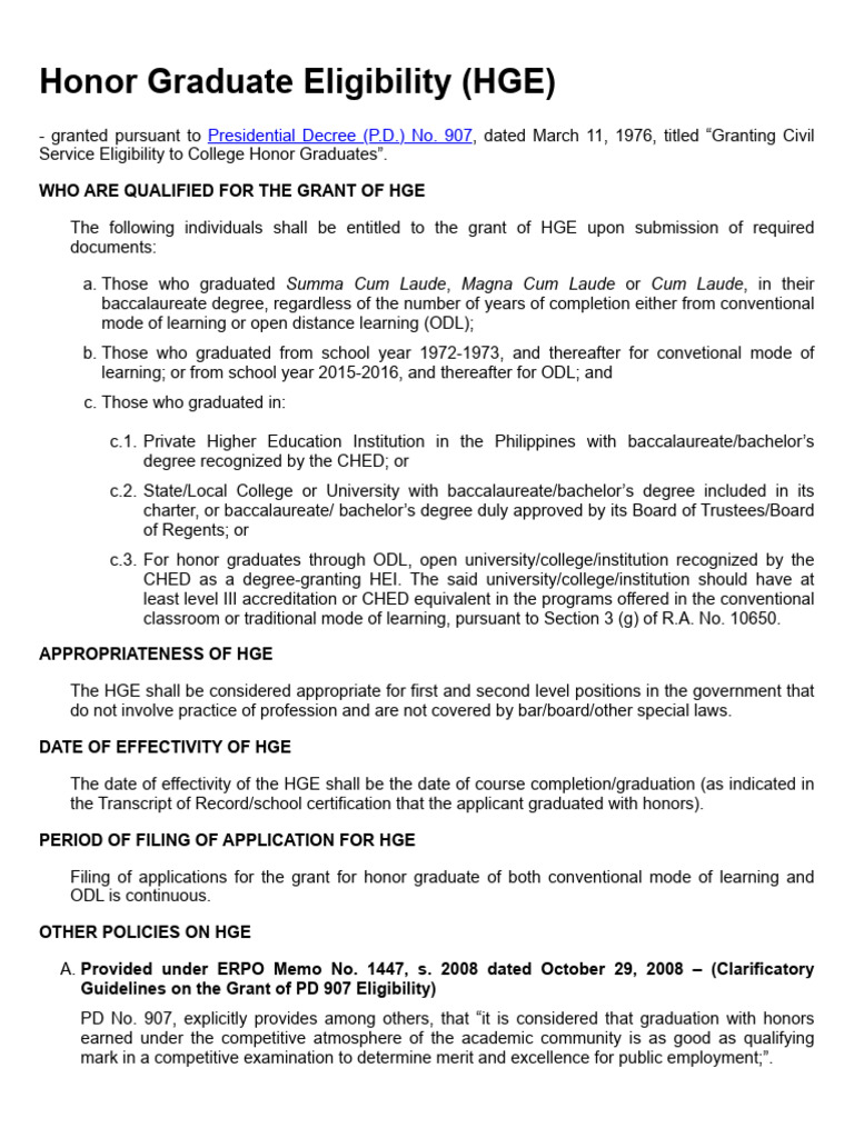 Honor Graduate Eligibility PD 907 | PDF | Identity Document | Thesis