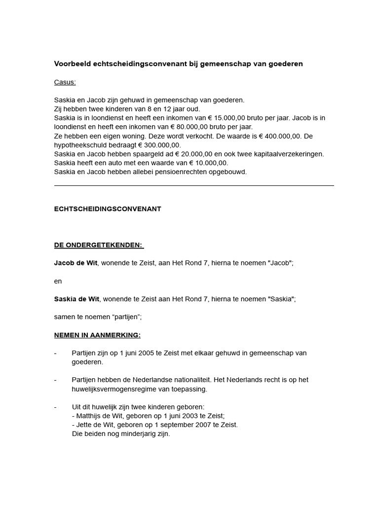 Voorbeeld Echtscheidingsconvenant Bij Gemeenschap Van Goederen | PDF