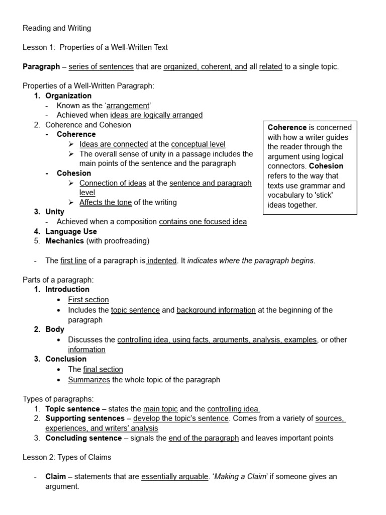 Reading and Writing 3rd Grading Notes | Download Free PDF | Paragraph ...