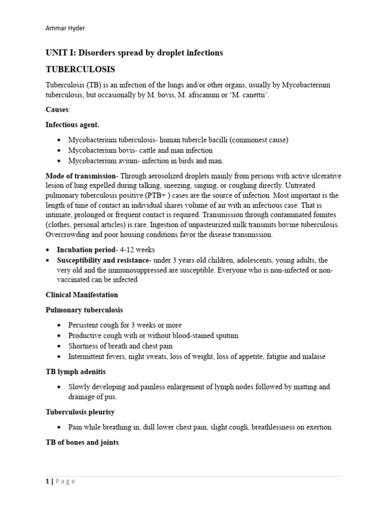 UNIT I Disorders Spread by Droplet Infections | PDF | Tuberculosis ...