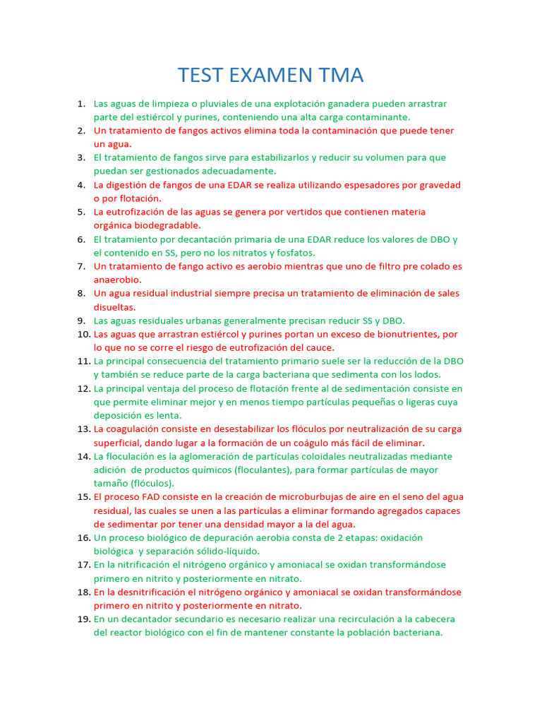TEST EXAMEN TMA | PDF | Aguas residuales | Agua