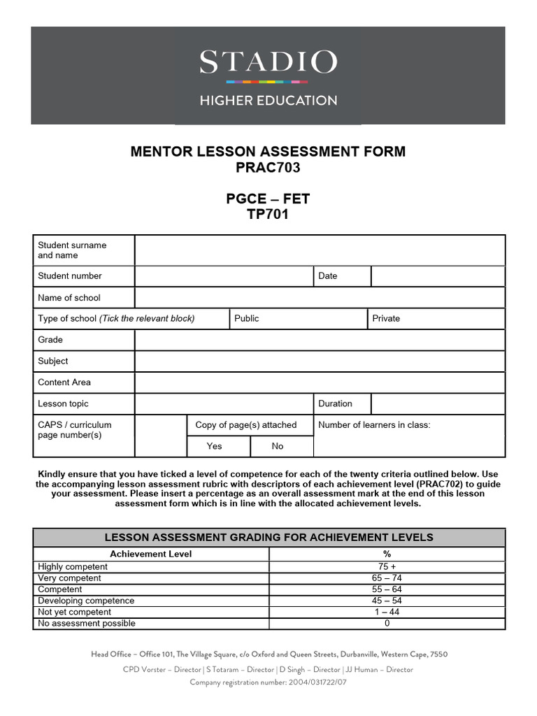 Mentor Lesson Assessment Form PRAC703 | PDF | Curriculum | Learning