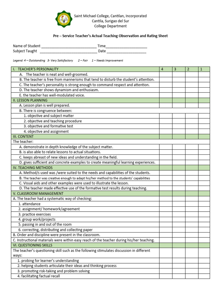 Rating Scale Evaluation Form For FS Students Revised 2 | Download Free ...