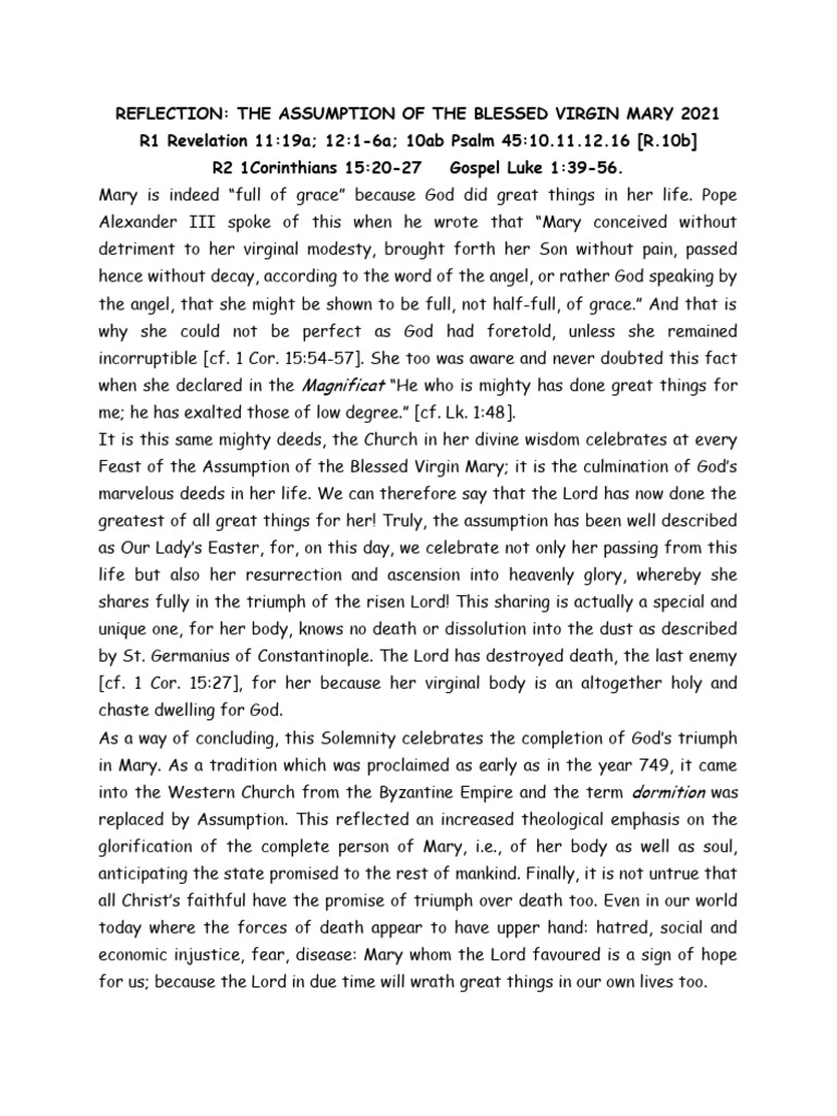 REFLECTION For Feast of Assumption 2021 | PDF | Mary, Mother Of Jesus ...