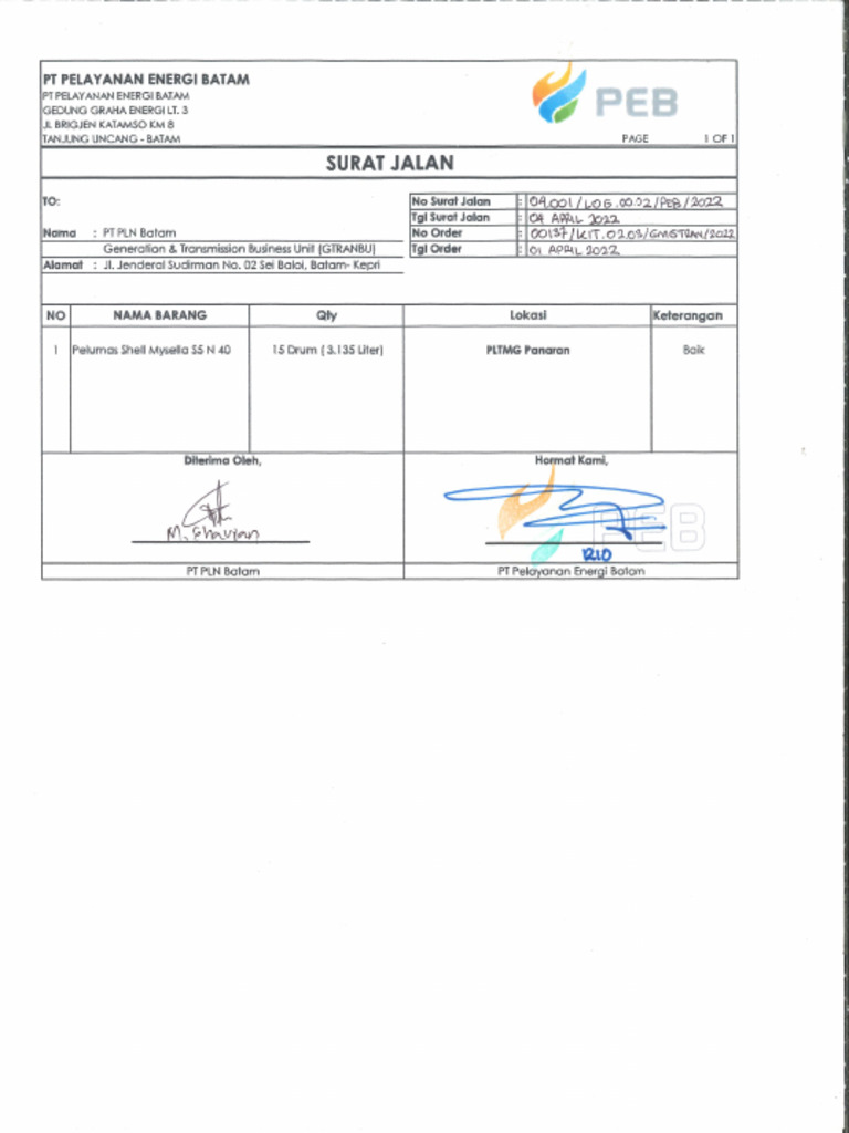 04.001 Surat Jalan PEB - PLTMG Panaran April 2022 (PO-00137) | PDF