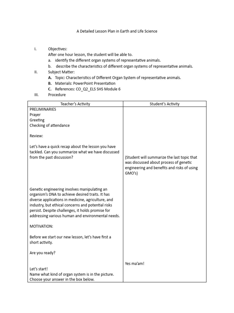 A Detailed Lesson Plan in Earth and Life Science Organ System ...