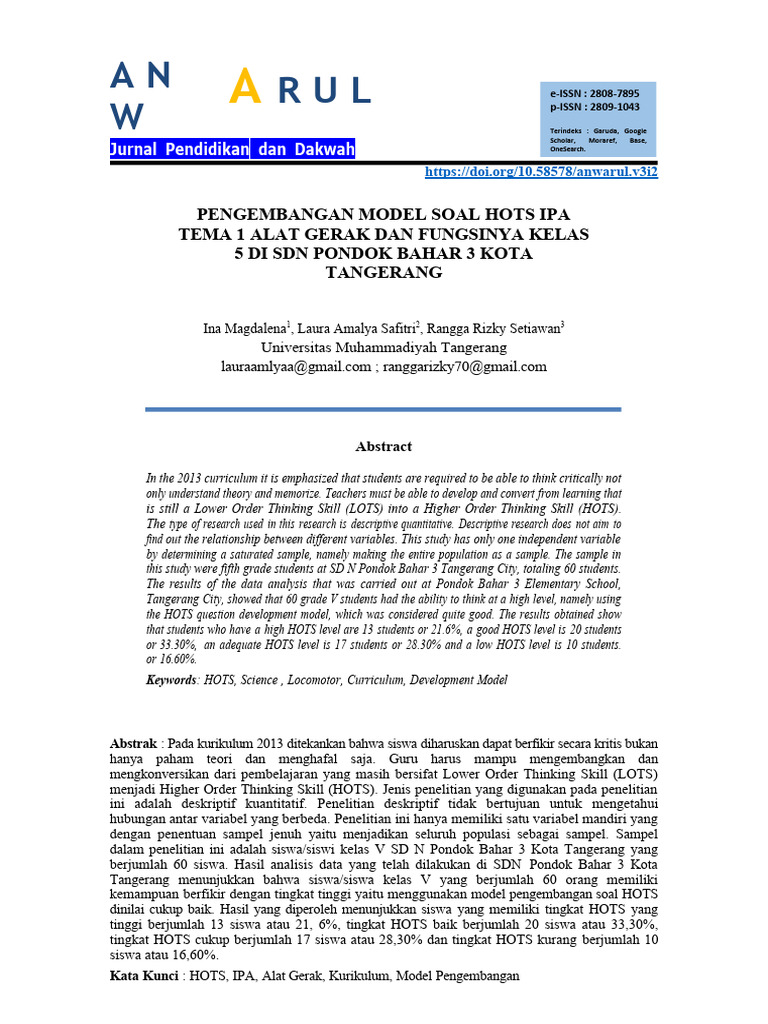 Pengembangan Model Soal HOTS IPA Tema 1 Alat Gerak | PDF | Karier & Perkembangan
