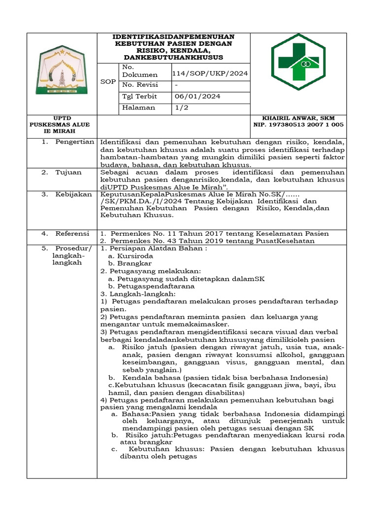 3.2. New Sop Identifikasi Dan Pemenuhan Kebutuhan Pasien Dengan Risiko, Kendala, Dan Kebutuhan ...