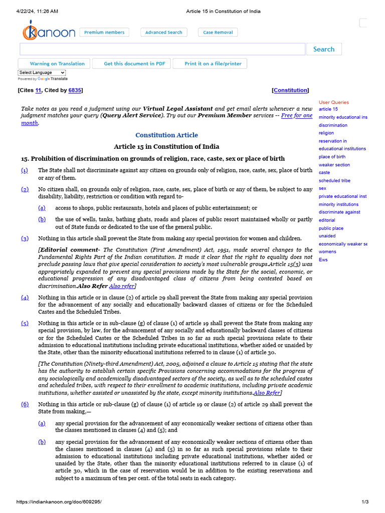 Article 15 in Constitution of India | PDF | Government | Justice