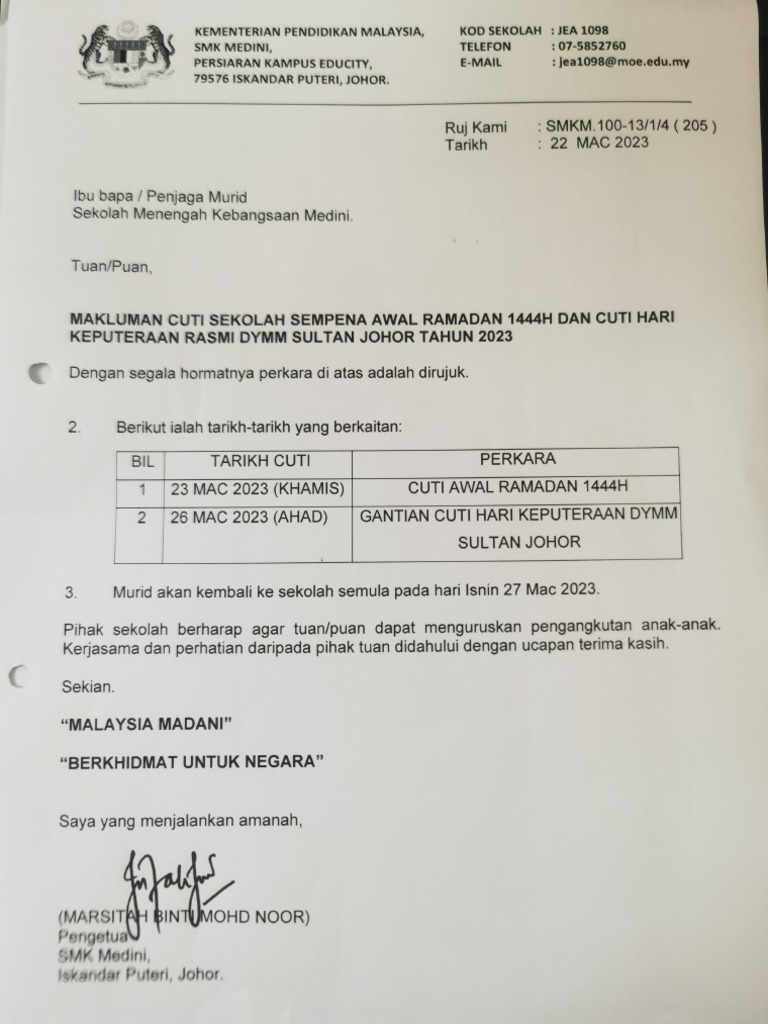Makluman Cuti Sekolah | PDF